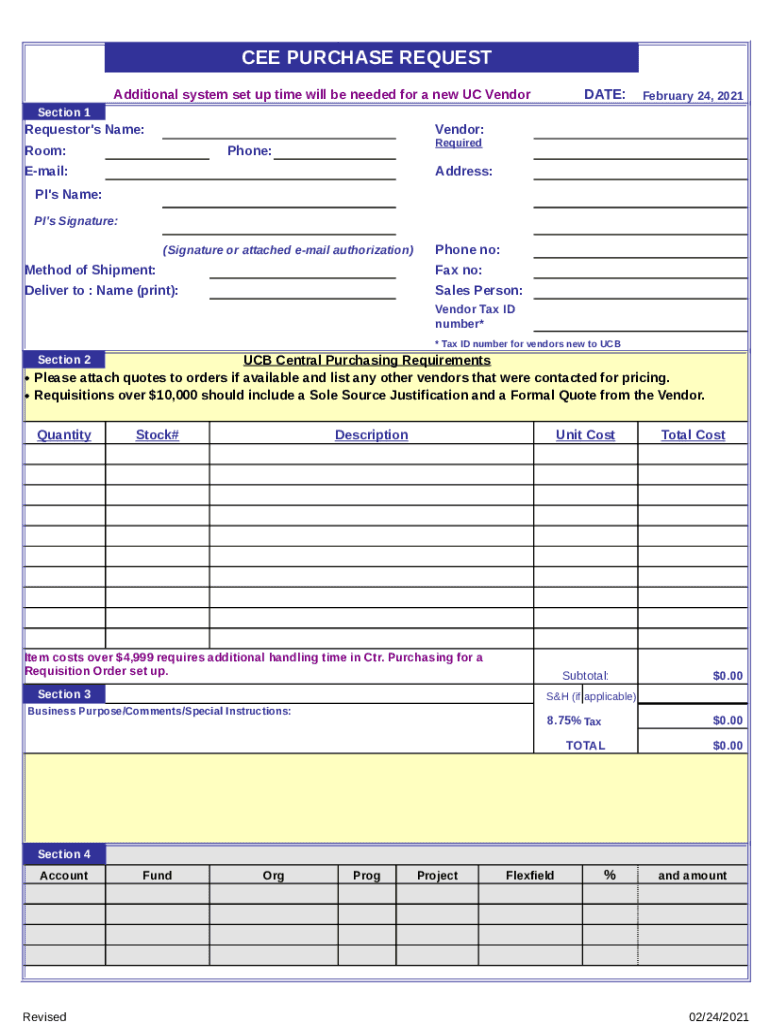 Fillable Online CEE PURCHASE REQUEST Fax Email Print - pdfFiller