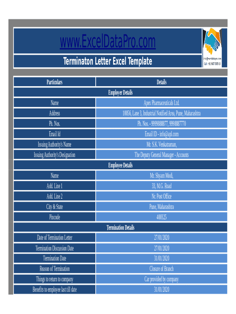 Fillable Online Terminaton Letter Excel Template Fax Email Print ...