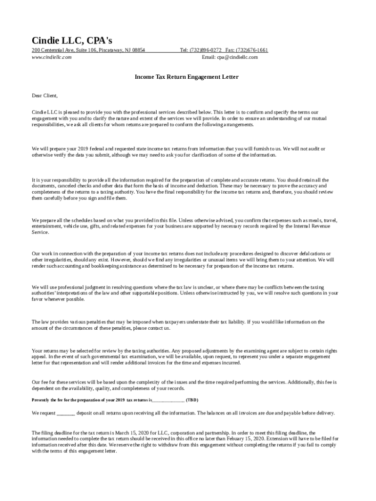 Fillable Online Income Tax Return Engagement Letter Fax Email Print ...