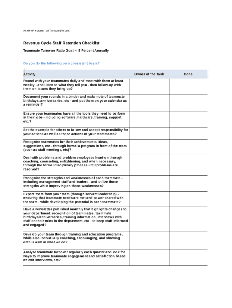 Fillable Online Revenue Cycle Staff Retention Checklist Fax Email Print ...