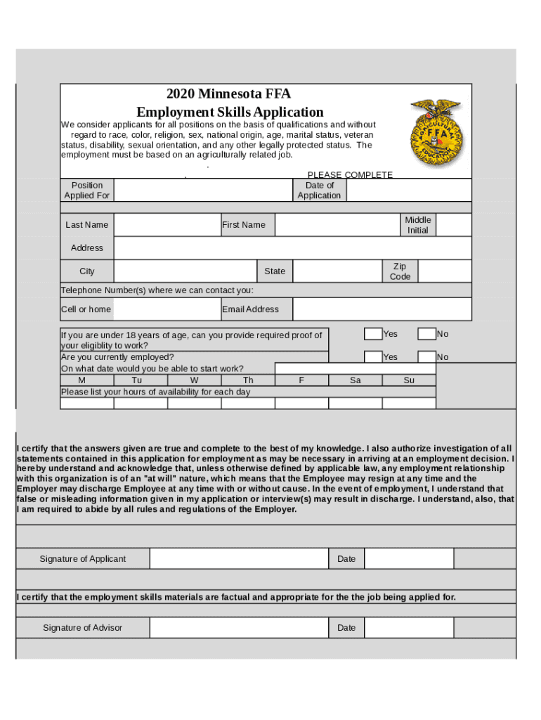Fillable Online cde ffa umn Employment Skills Application Fax Email ...