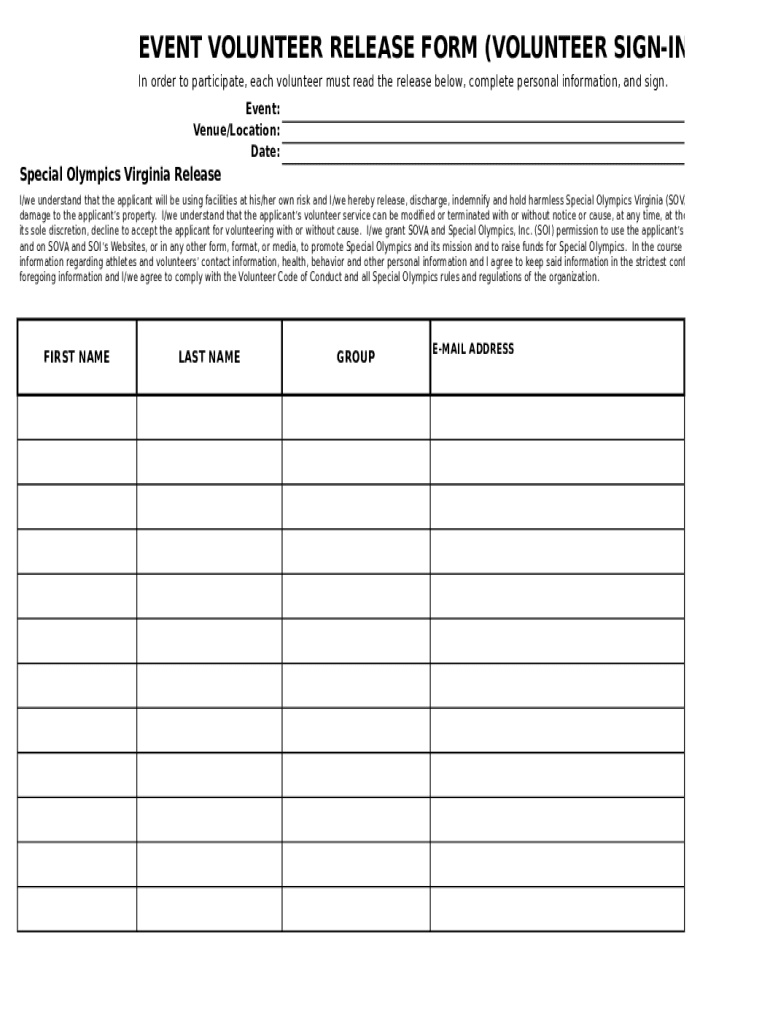 Fillable Online EVENT VOLUNTEER RELEASE FORM (VOLUNTEER SIGN-IN SHEET ...