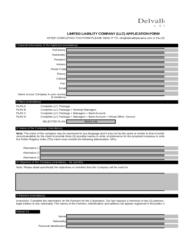 Fillable Online LIMITED LIABILITY COMPANY (LLC) APPLICATION FORM Fax ...