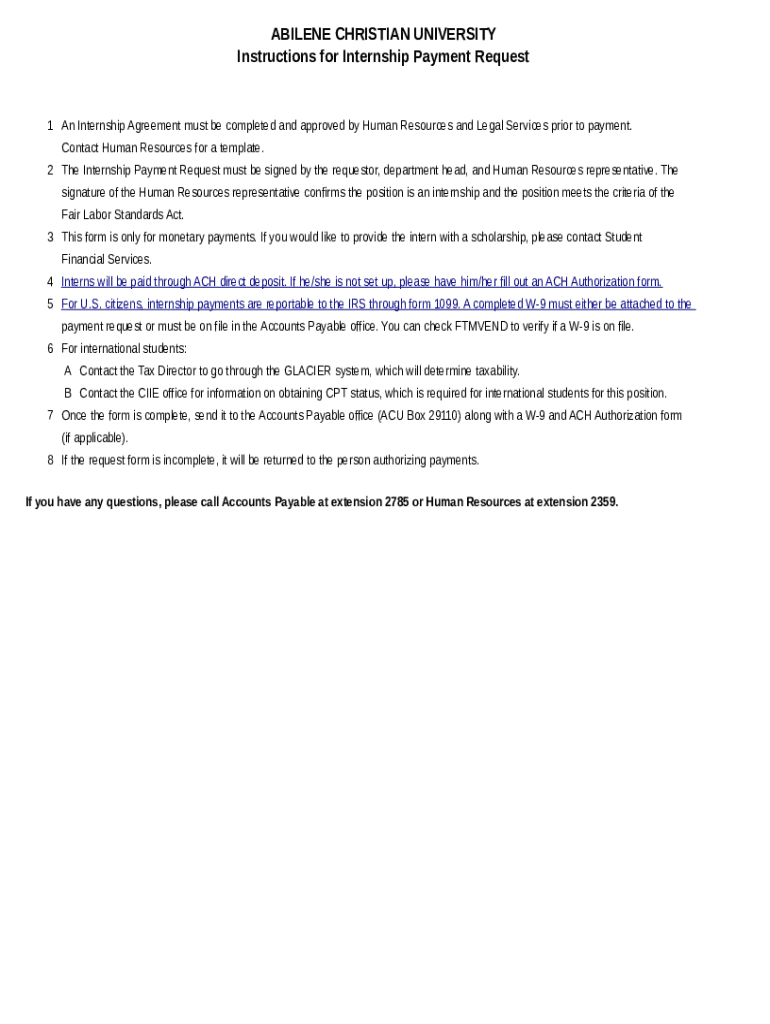 Fillable Online Instructions for Internship Payment Request Fax Email ...