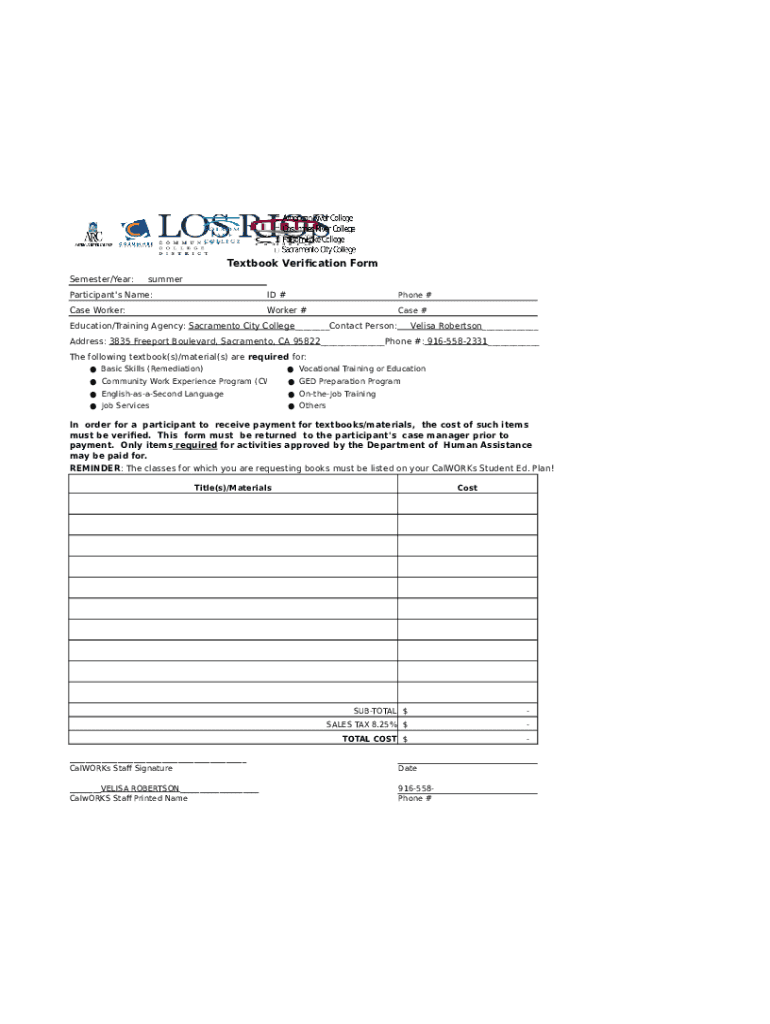 Fillable Online Textbook Verification Form Fax Email Print - pdfFiller