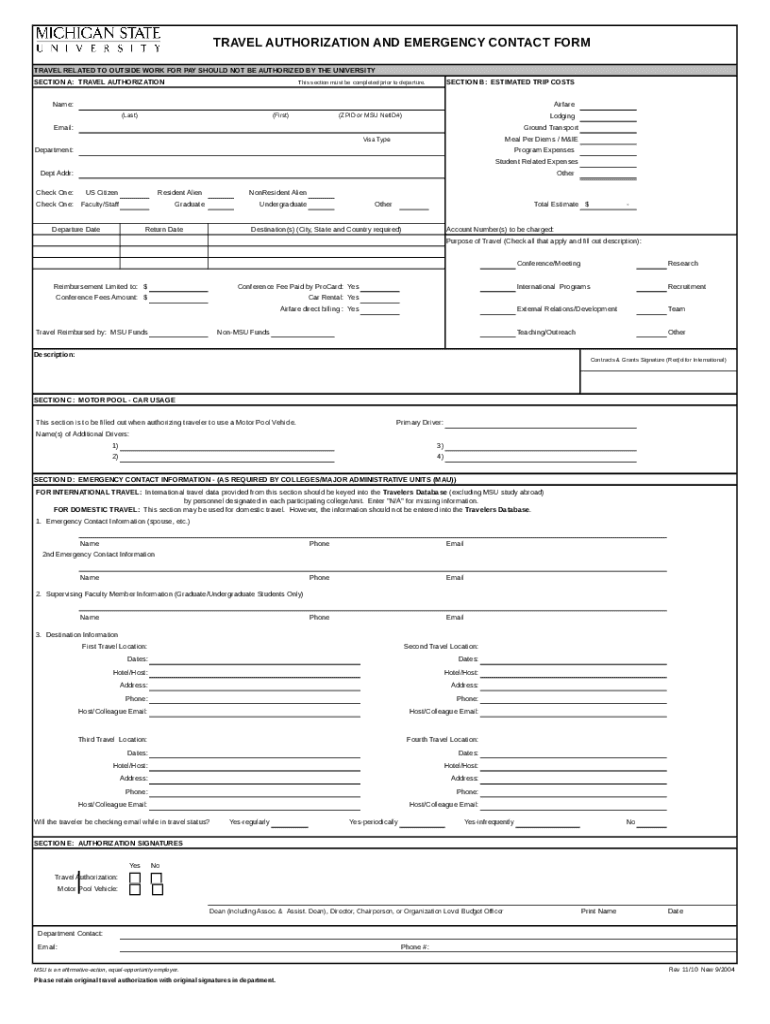 Fillable Online Travel Authorization And Emergency Contact Form (xls ...