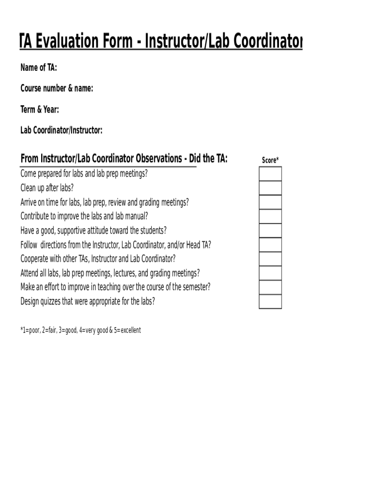 Fillable Online TA Evaluation Form - Instructor/Lab Coordinator Fax ...