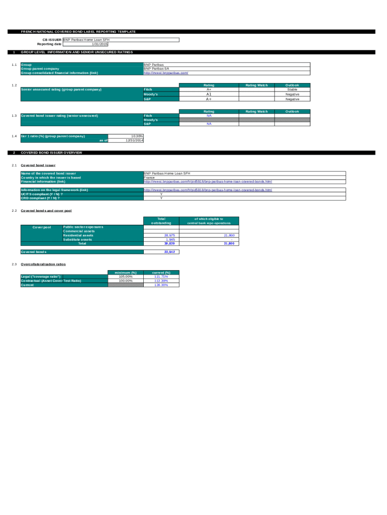 Fillable Online FRENCH NATIONAL COVERED BOND LABEL REPORTING TEMPLATE ...