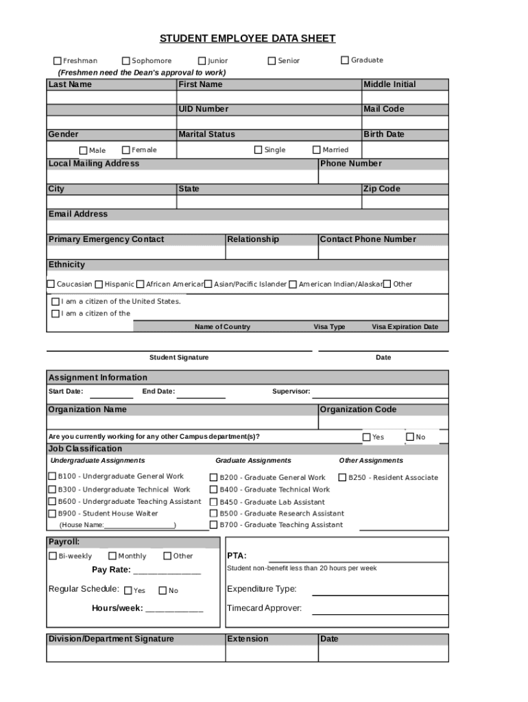 Fillable Online hr caltech STUDENT EMPLOYEE DATA SHEET Fax Email Print ...