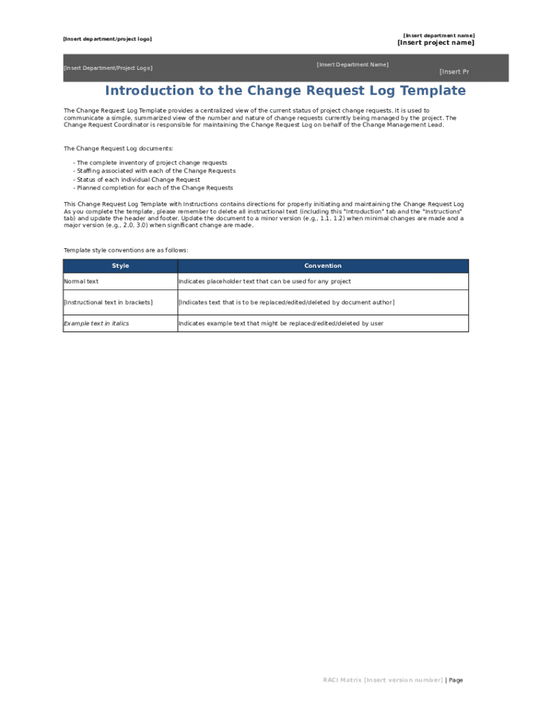 Fillable Online Introduction to the Change Request Log Template Fax ...
