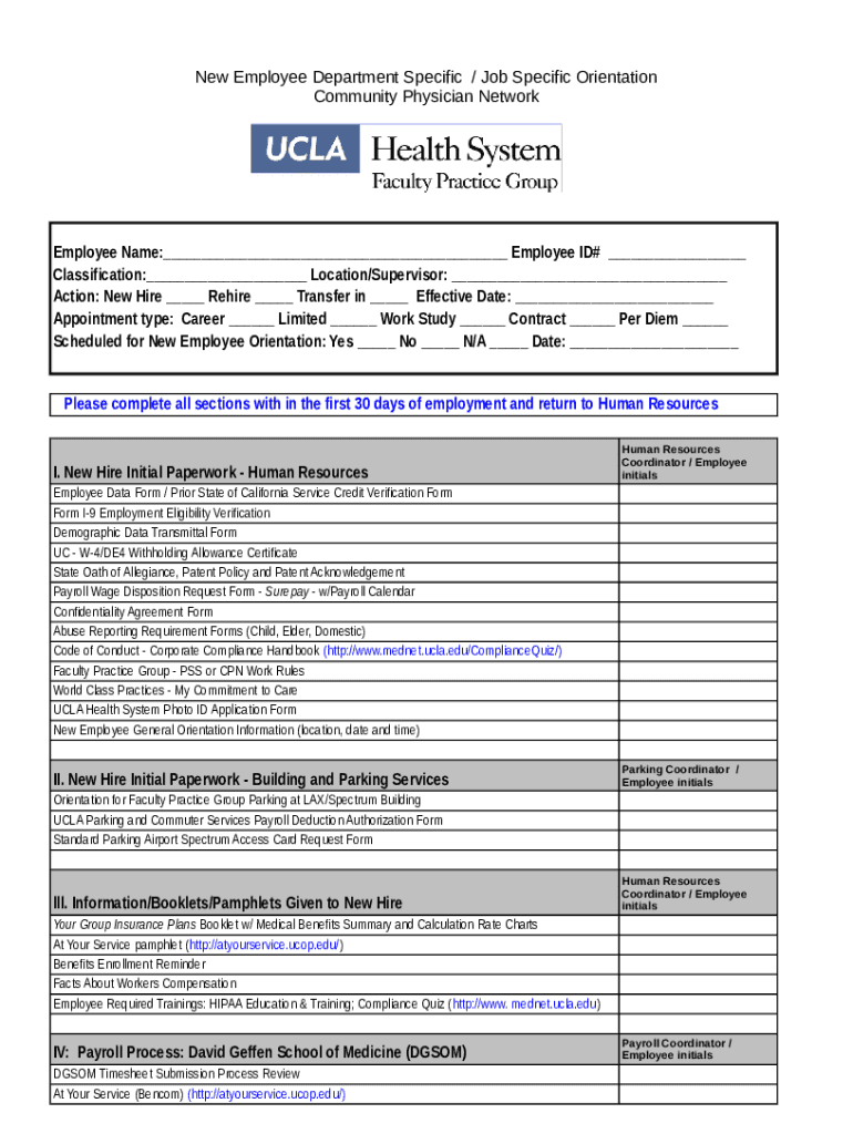 Fillable Online New Employee Department Specific / Job Specific ...