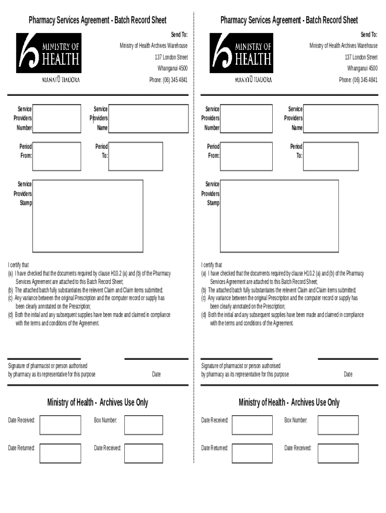 Fillable Online Pharmacy Services Agreement - Batch Record Sheet Fax ...