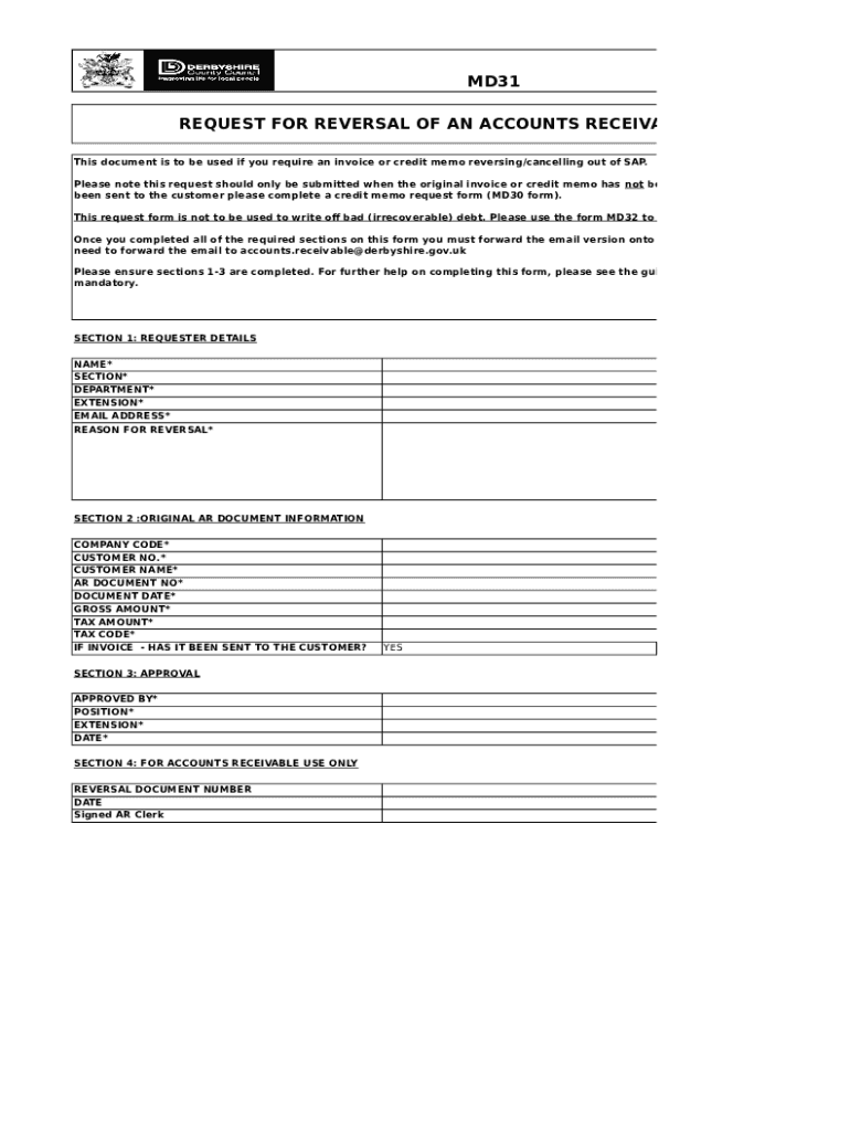 Fillable Online REQUEST FOR REVERSAL OF AN ACCOUNTS RECEIVABLE DOCUMENT ...