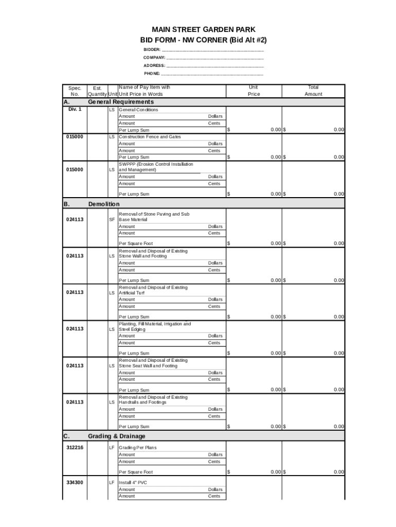 Fillable Online BID FORM - NW CORNER (Bid Alt #2) Fax Email Print ...