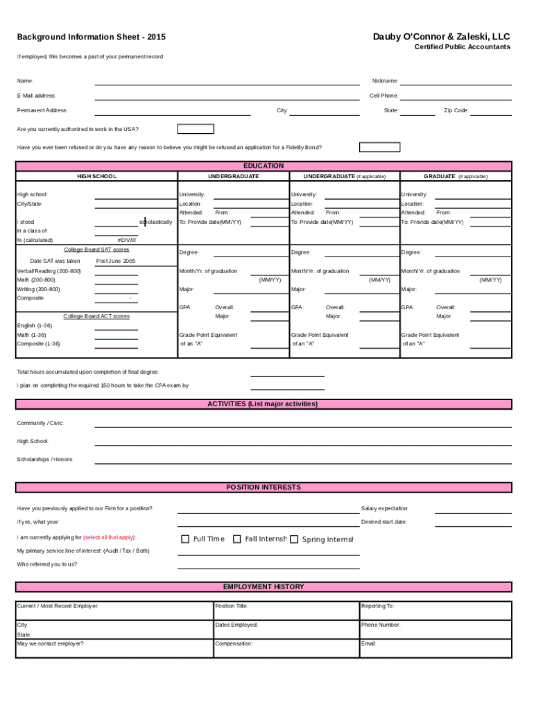 Fillable Online Background Information Sheet - 2015 Fax Email Print ...