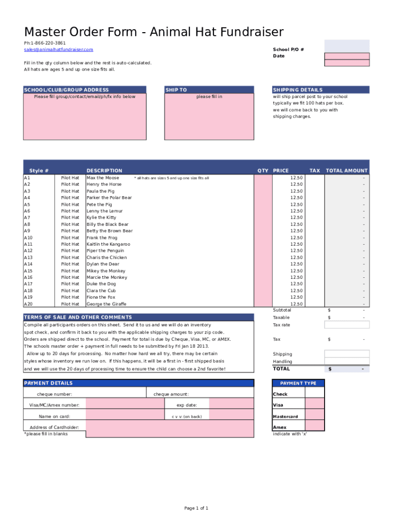 Fillable Online Master Order Form - Animal Hat Fundraiser Fax Email ...