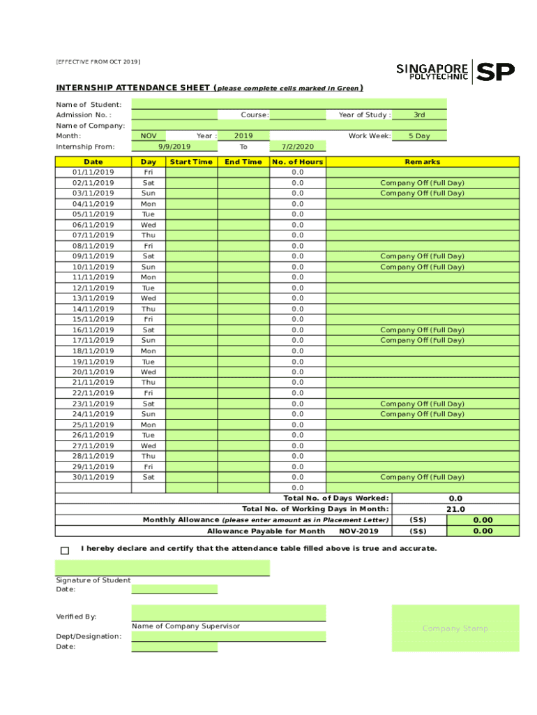 Sp Internship Attendance - Fill Online, Printable, Fillable, Blank | pdfFiller