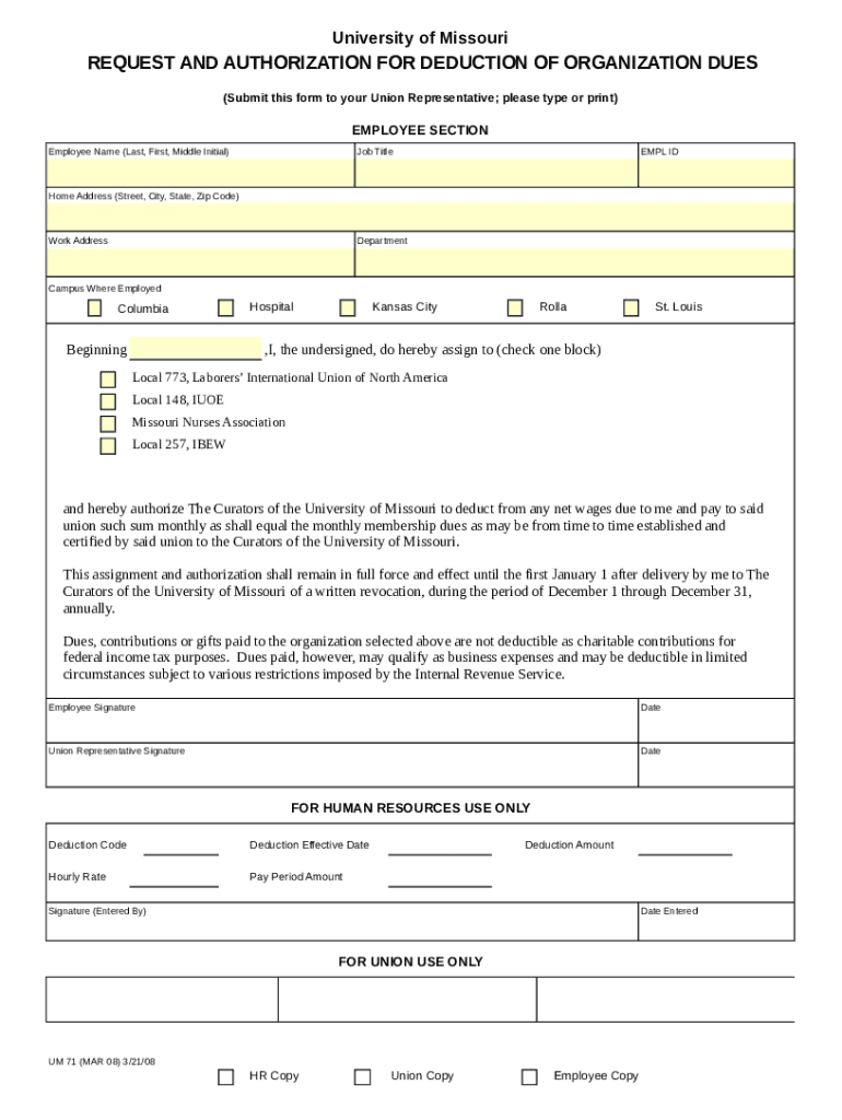 Fillable Online REQUEST AND AUTHORIZATION FOR DEDUCTION OF ORGANIZATION ...