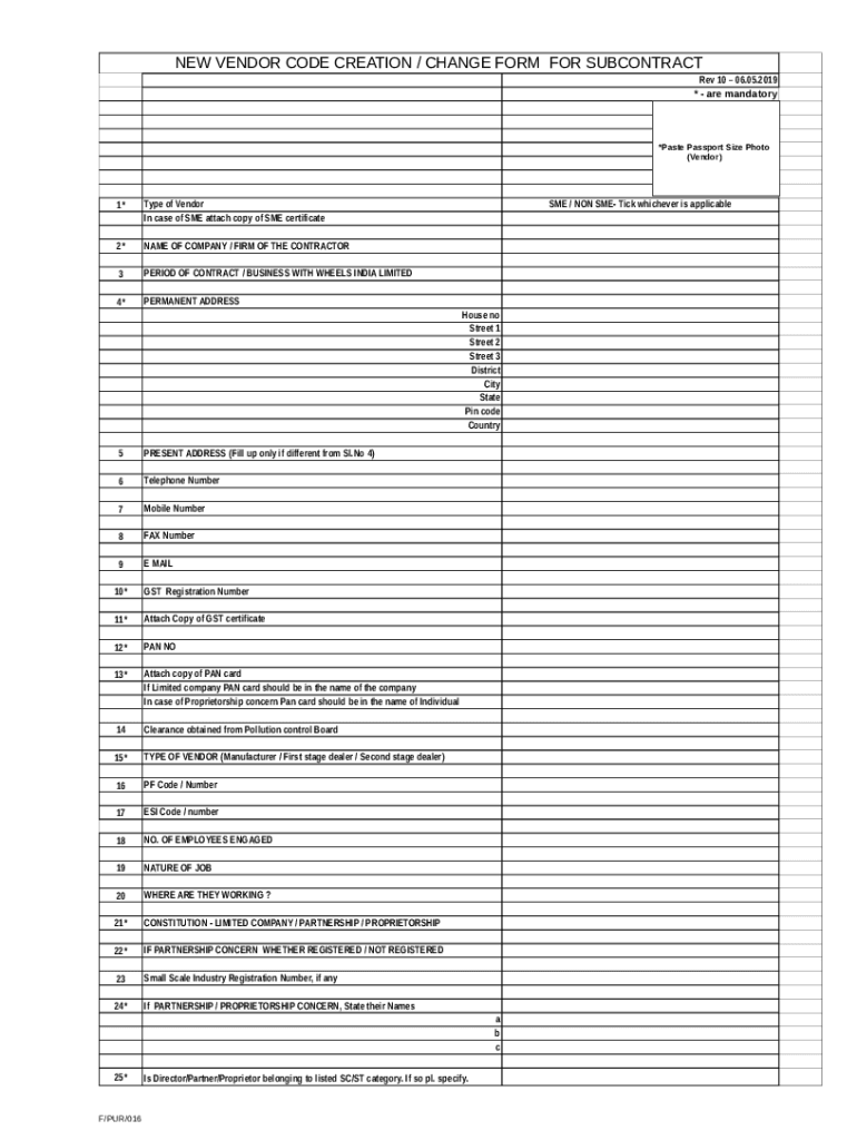 Fillable Online NEW VENDOR CODE CREATION / CHANGE FORM FOR SUBCONTRACT ...