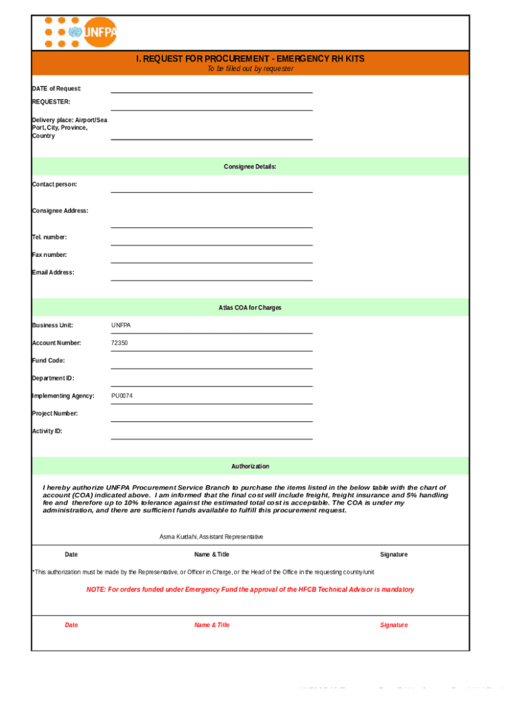 Fillable Online REQUEST FOR PROCUREMENT - EMERGENCY RH KITS Fax Email Print - pdfFiller
