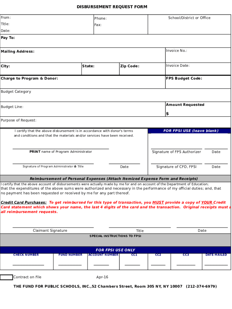 Fillable Online DISBURSEMENT REQUEST FORM Fax Email Print - pdfFiller