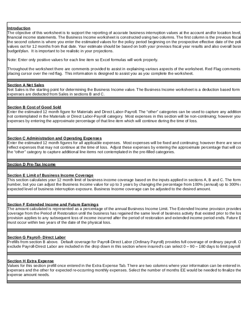 Fillable Online Business Income Coverage Worksheet Fax Email Print ...