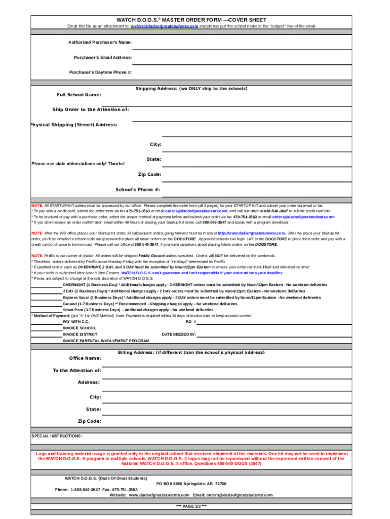 Fillable Online MASTER ORDER FORM ---COVER SHEET Fax Email Print ...