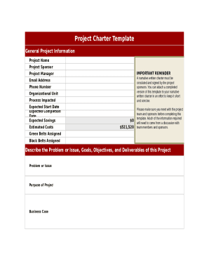 Fillable Online Project Charter Template. Six Sigma Green Belt Project ...