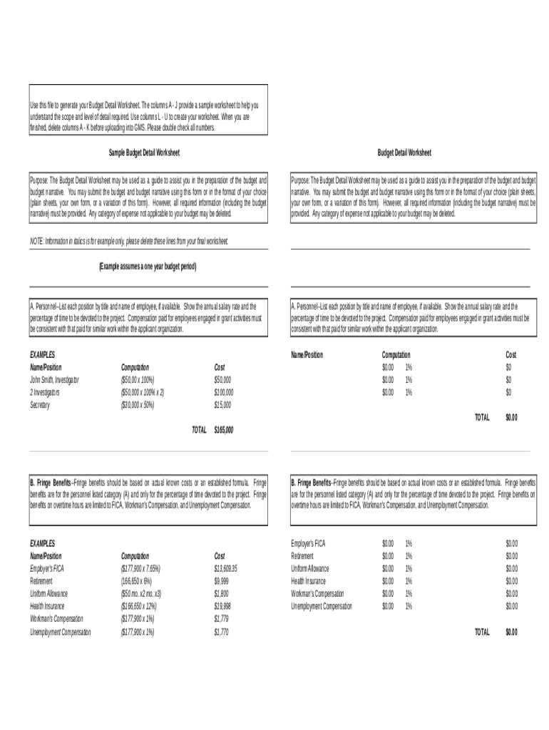 Fillable Online Use this file to generate your Budget Detail Worksheet ...
