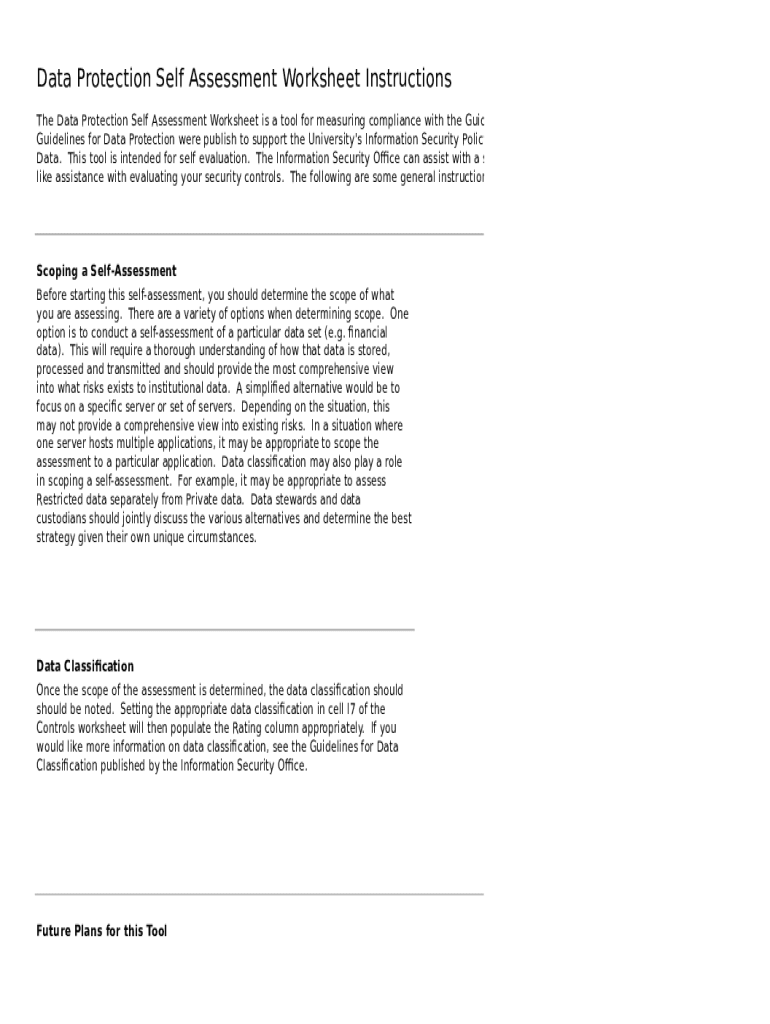 Fillable Online Data Protection Self Assessment Worksheet Instructions ...