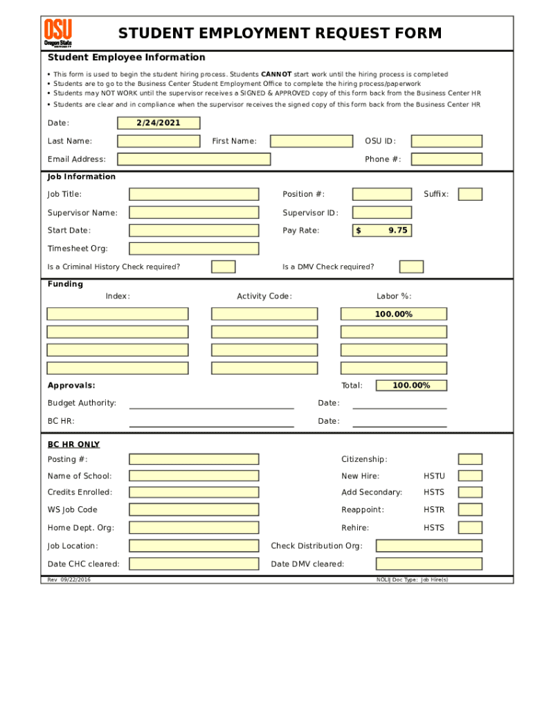 Fillable Online transportation oregonstate STUDENT EMPLOYMENT REQUEST FORM Fax Email Print ...