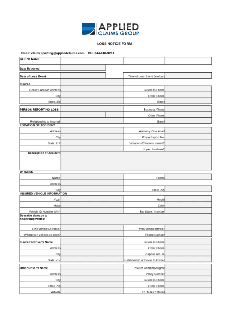 Fillable Online LOSS NOTICE FORM Fax Email Print - pdfFiller
