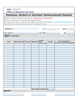 Fillable Online Employee, Student or Volunteer Reimbursement Request ...