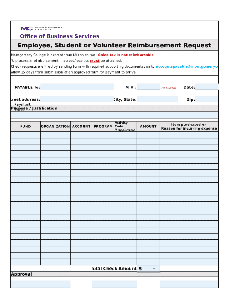Fillable Online Employee, Student or Volunteer Reimbursement Request ...