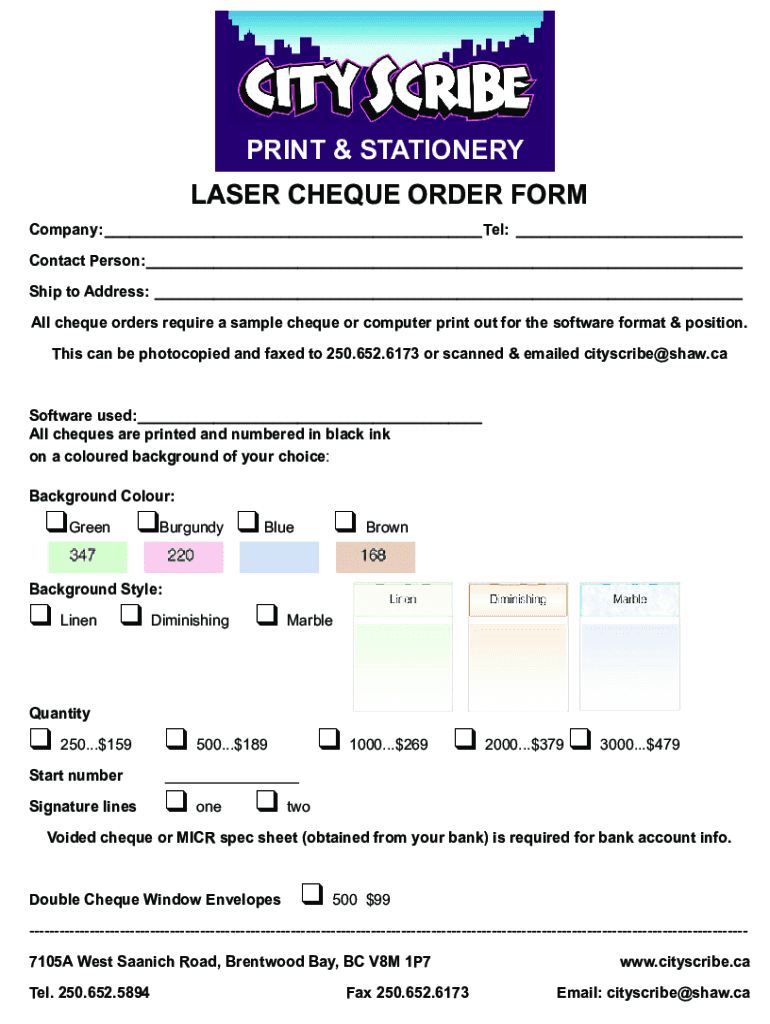 Fillable Online PRINT & STATIONERY LASER CHEQUE ORDER FORM Fax Email Print - pdfFiller