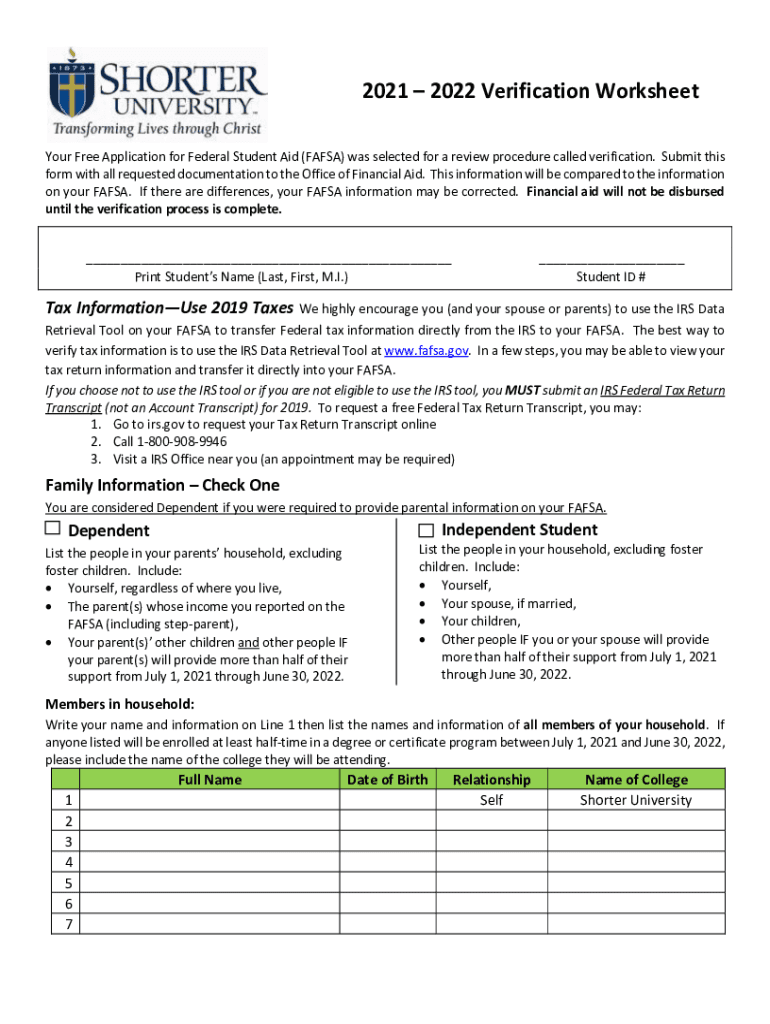 Fillable Online 20212022 Standard Verification Worksheet V1-Dependent Student Fax Email Print ...