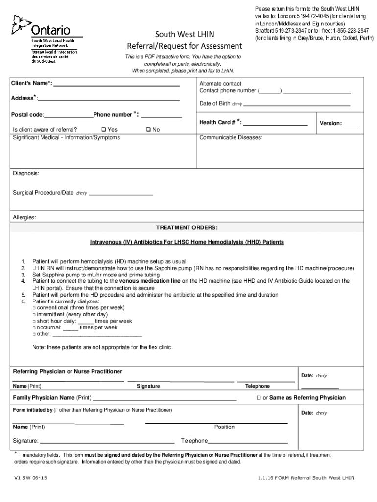 Fillable Online PDF South West LHIN Referral/Request for Assessment ...