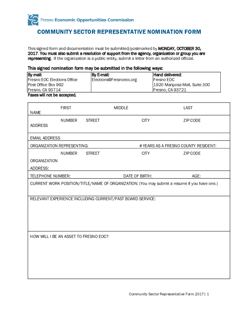 Fillable Online BUSINESS/COMMUNITY SECTOR REPRESENTATIVE NOMINATION ...