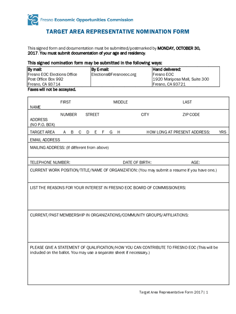 Fillable Online TARGET AREA REPRESENTATIVE NOMINATION FORM Fax Email ...