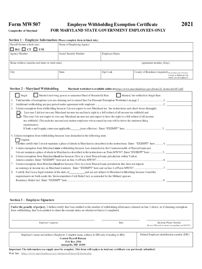 Fillable Online Form MW-507: Employees Maryland Withholding Exemption ...