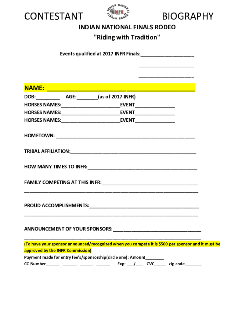 Fillable Online 2018 INFR Contestant Bio sheet - INFR-Indian National ...