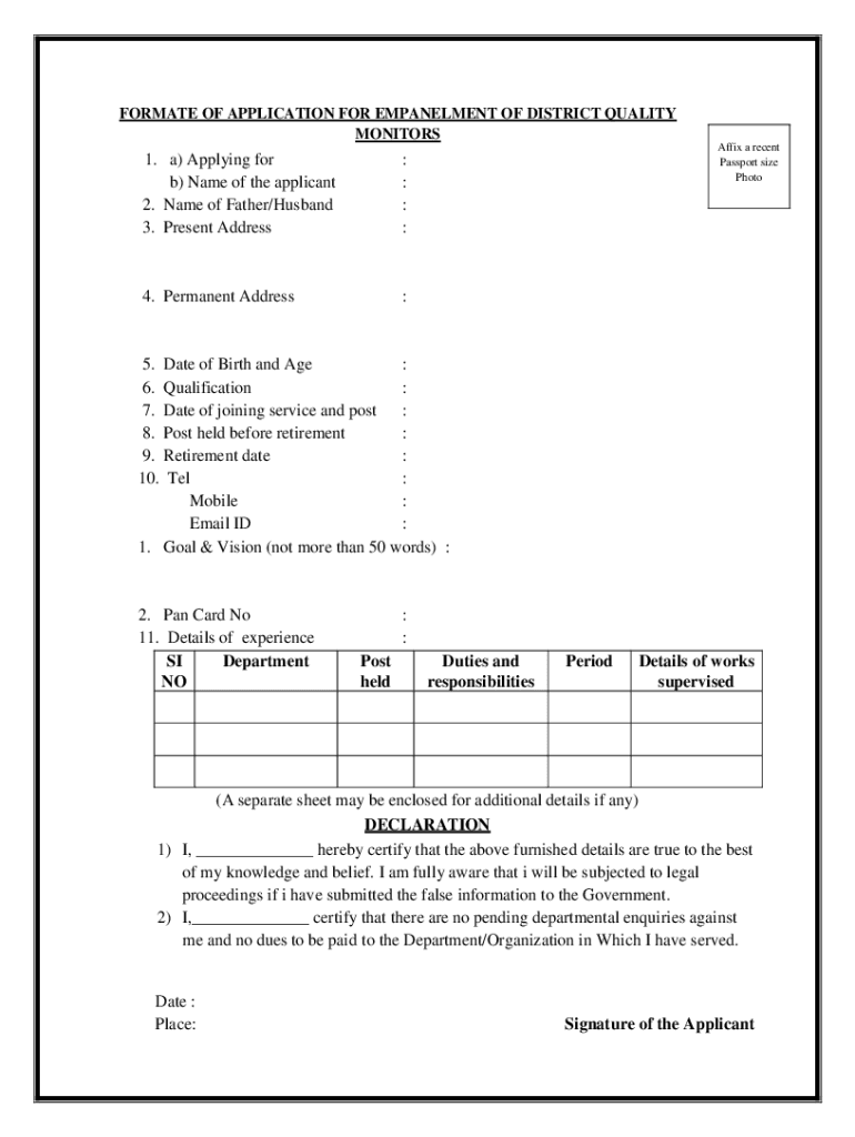 Fillable Online FORMATE OF APPLICATION FOR EMPANELMENT OF DISTRICT ...