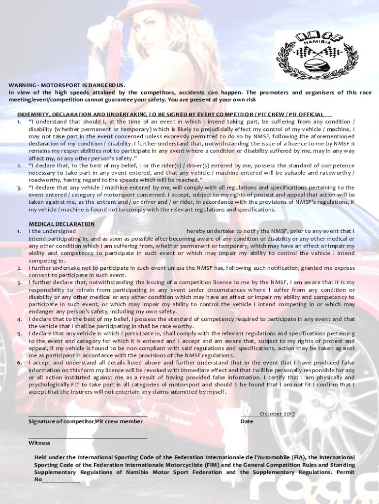 Fillable Online WARNING - MOTORSPORT IS DANGEROUS. In view of the high ...