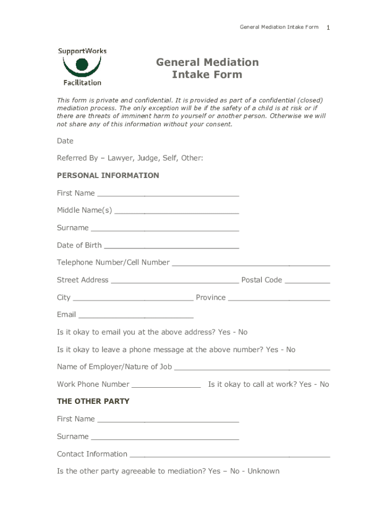 Fillable Online Mediation Intake Form - Superior Court of California ...