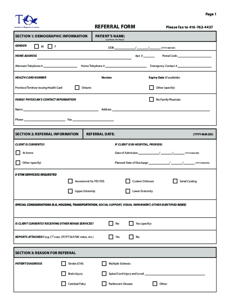 Fillable Online REFERRAL FORM Please fax to 416-762-4437 SECTION 1 ...
