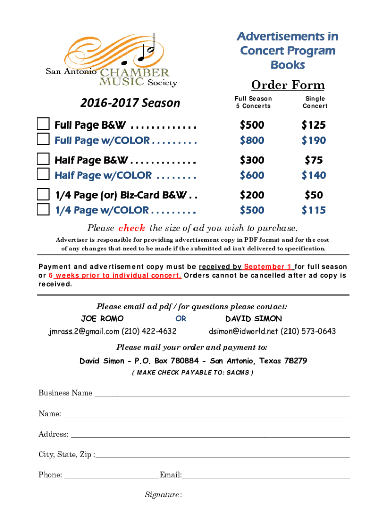 Fillable Online Order Form 2016 2017 Season Full Season 5 Concerts ...