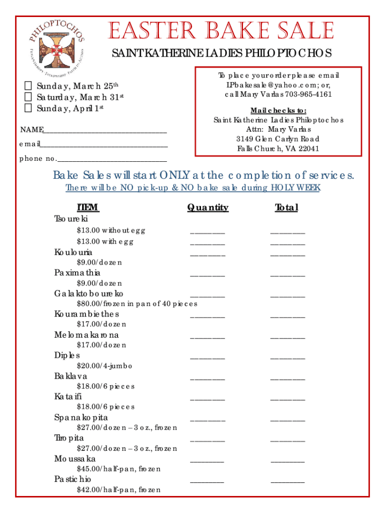 Fillable Online Easter 2018 Bake Sale Order Form Fax Email Print ...