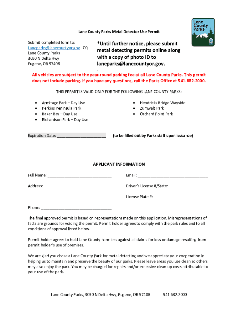 2020-2025 Form OR Metal Detector Use Permit - Lane County Fill Online ...