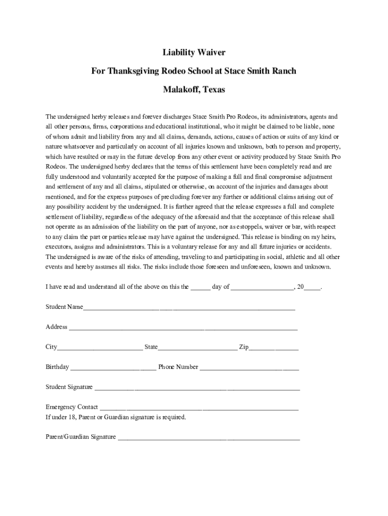Fillable Online Liability Waiver For Thanksgiving Rodeo School at Stace ...