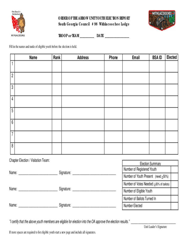 Fillable Online ORDER OF THE ARROW UNIT YOUTH ELECTION REPORT South ...